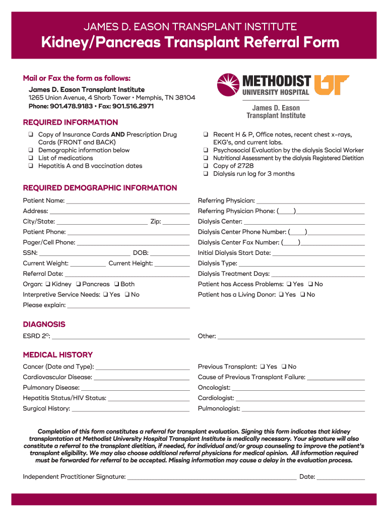 Fillable Online JAMES D. EASON TRANSPLANT INSTITUTE Kidney/Pancreas ...