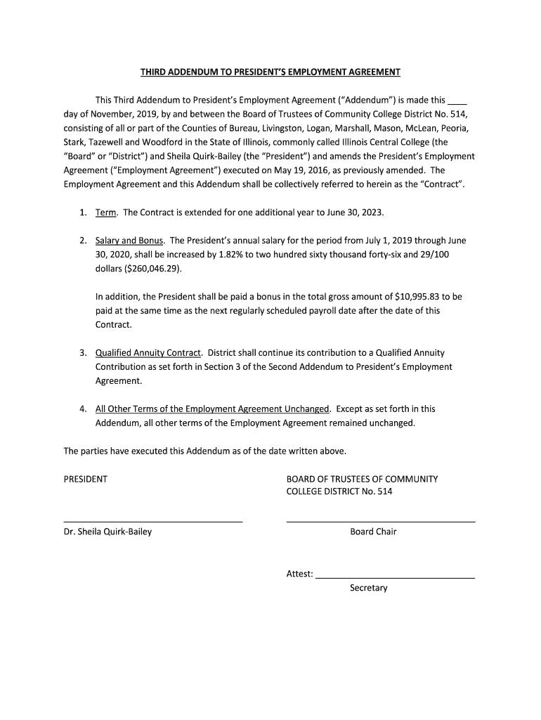 Fillable Online THIRD ADDENDUM TO PRESIDENTS EMPLOYMENT AGREEMENT Fax ...