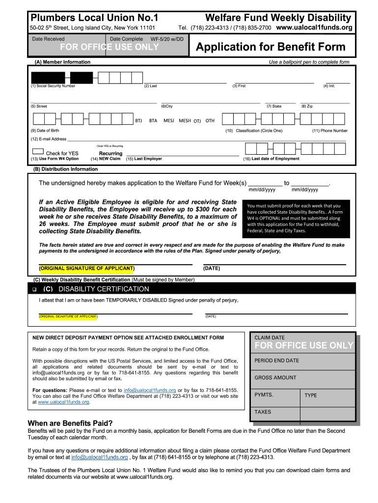 Fillable Online WF Weekly Disability Benefit Form5.2020(d) Fax Email ...