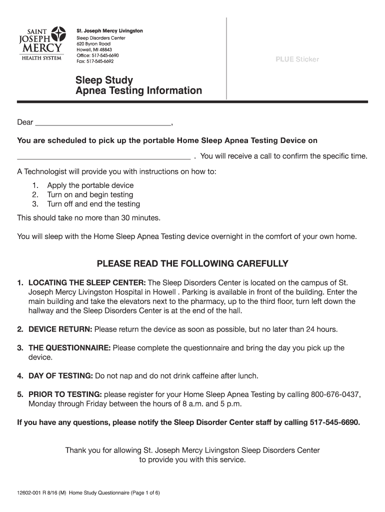 Fillable Online Home Sleep Apnea Testing Questionnaire - Livingston ...