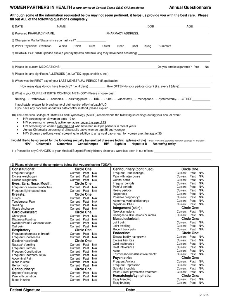 Fillable Online RENAISSANCE WOMENS GROUP - Gyn-Annual-Questionnaire ...