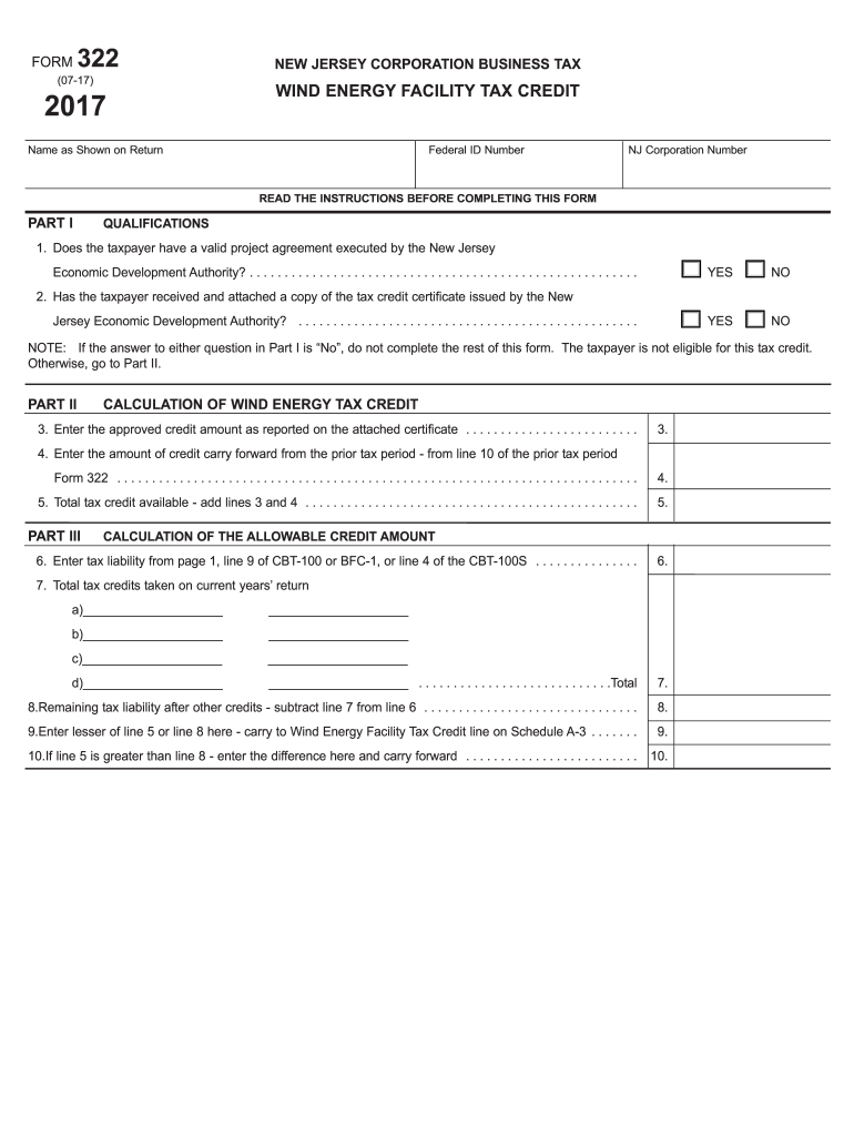 Fillable Online CBT Form 322 - Wind Energy Facility Tax Credit. CBT ...