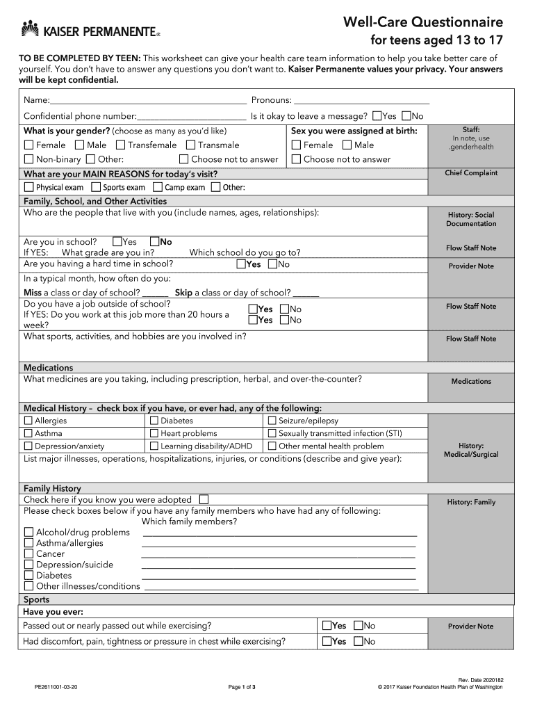 Fillable Online Well-Visit Questionnaire. WORKSHEET TO BE COMPLETED BY ...