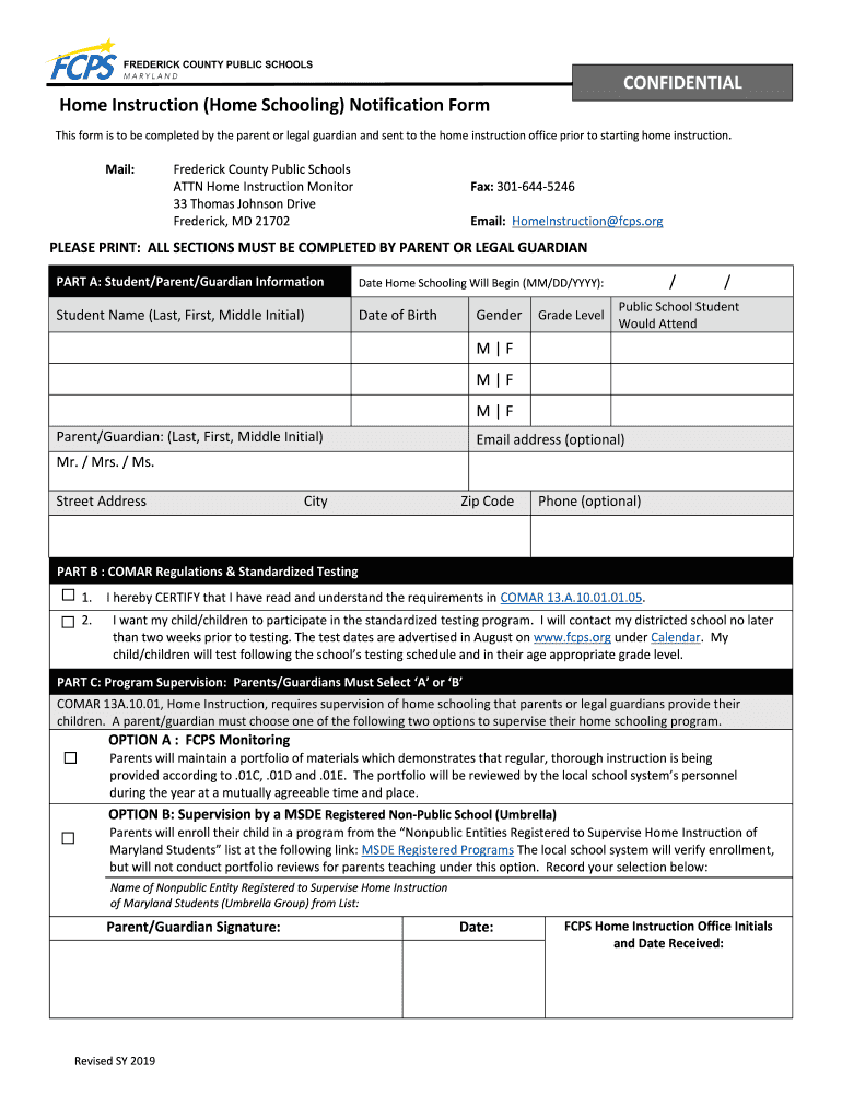 Fillable Online Home Instruction (Home Schooling) Notification Form Fax ...