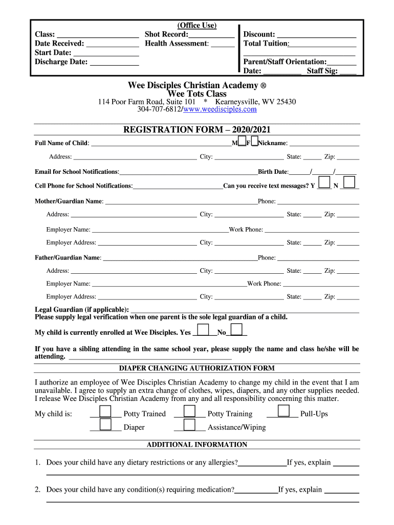 Fillable Online WEE DISCIPLES CHRISTIAN ACADEMY WEE TOTS REGISTRATION ...