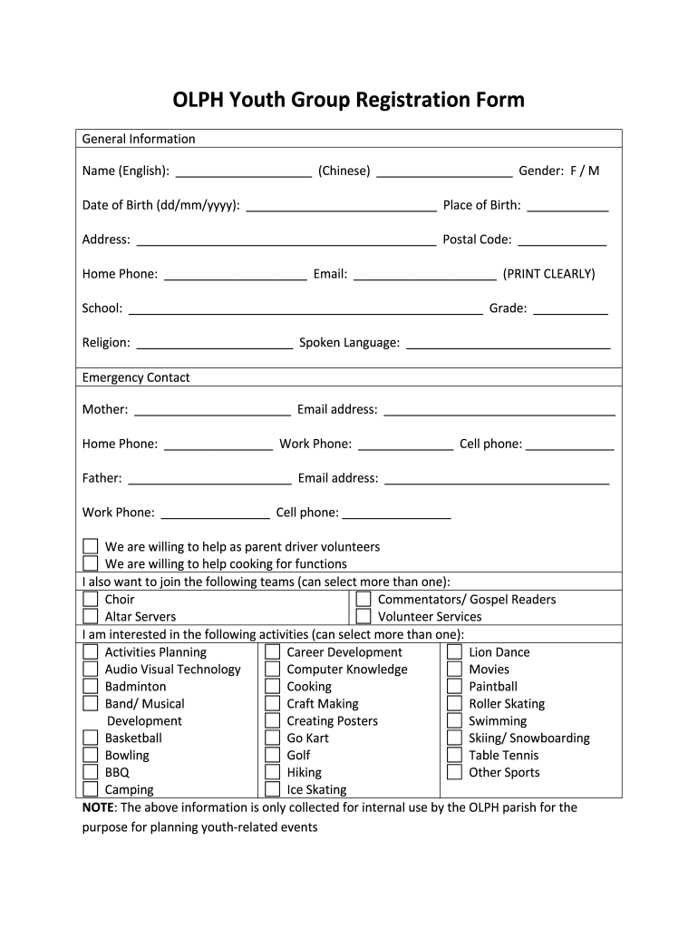 Fillable Online OLPH Youth Group Registration Form Fax Email Print ...