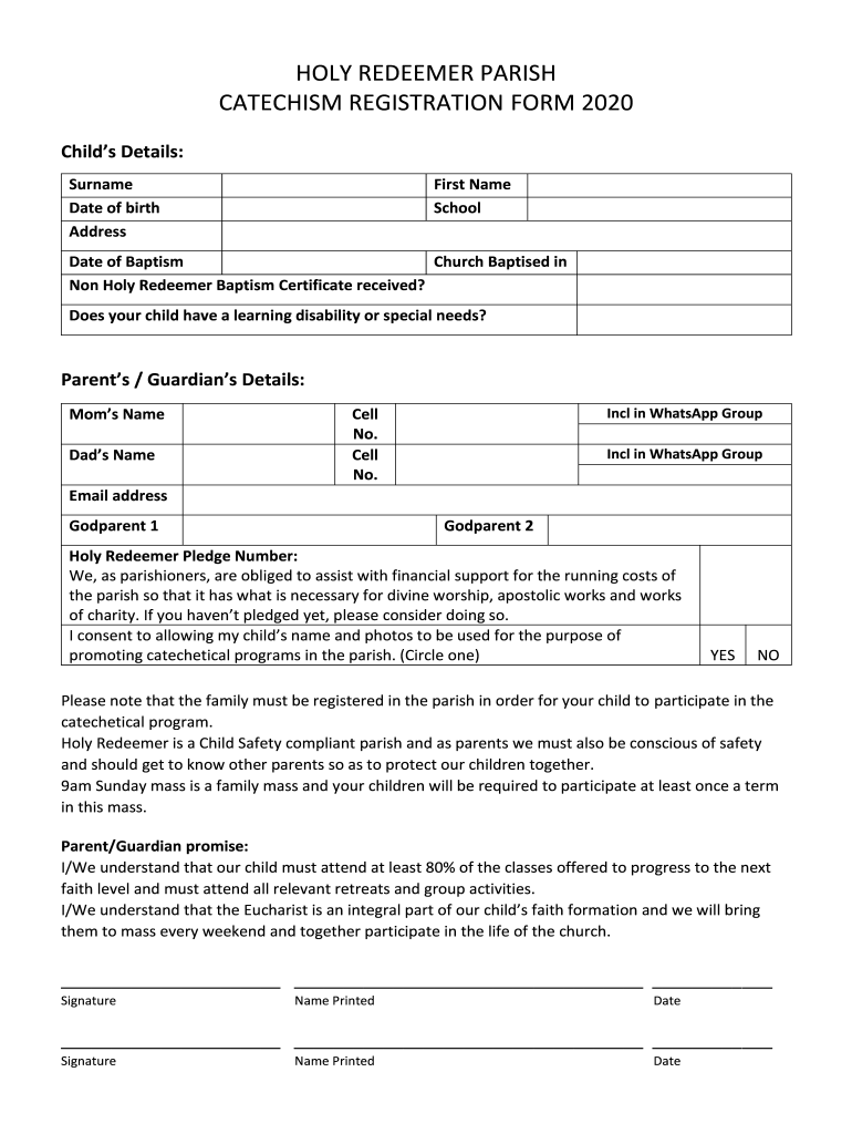 Fillable Online HOLY REDEEMER PARISH CATECHISM REGISTRATION FORM 2020 ...