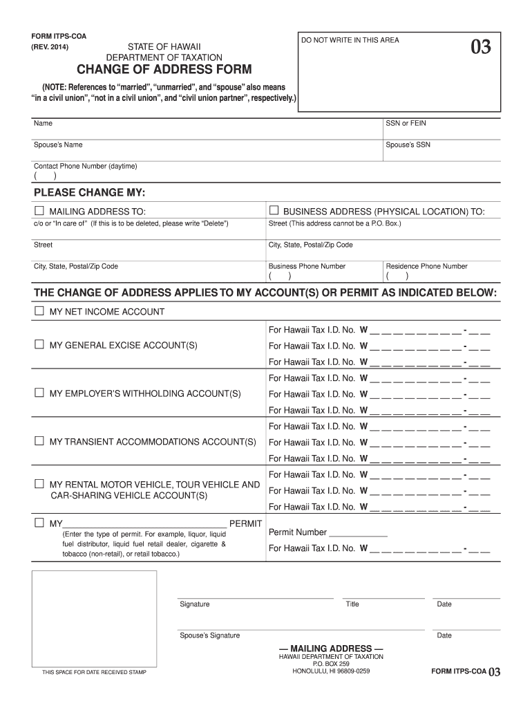 Fillable Online Form ITPS-COA (Rev. 2014) Change of Address Form. Forms ...