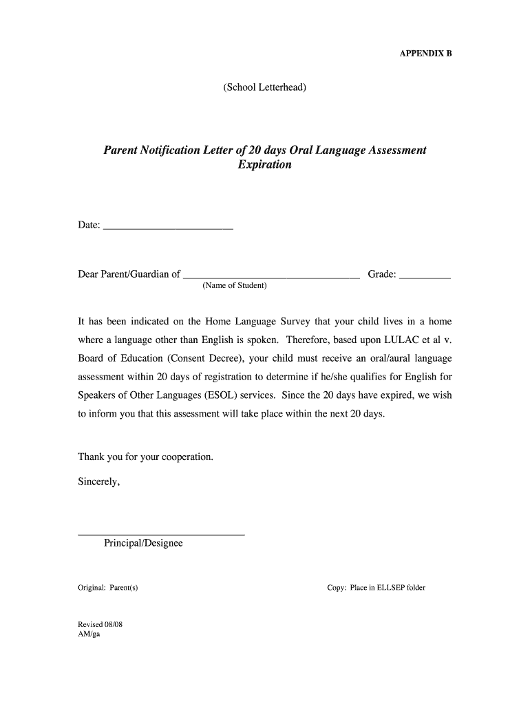 Fillable Online Parent Notification Letter For ESL Services Initial ...
