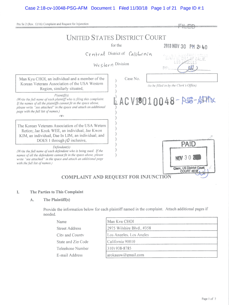 Fillable Online Complaint for Permanent Injunction, Civil Penalties ...