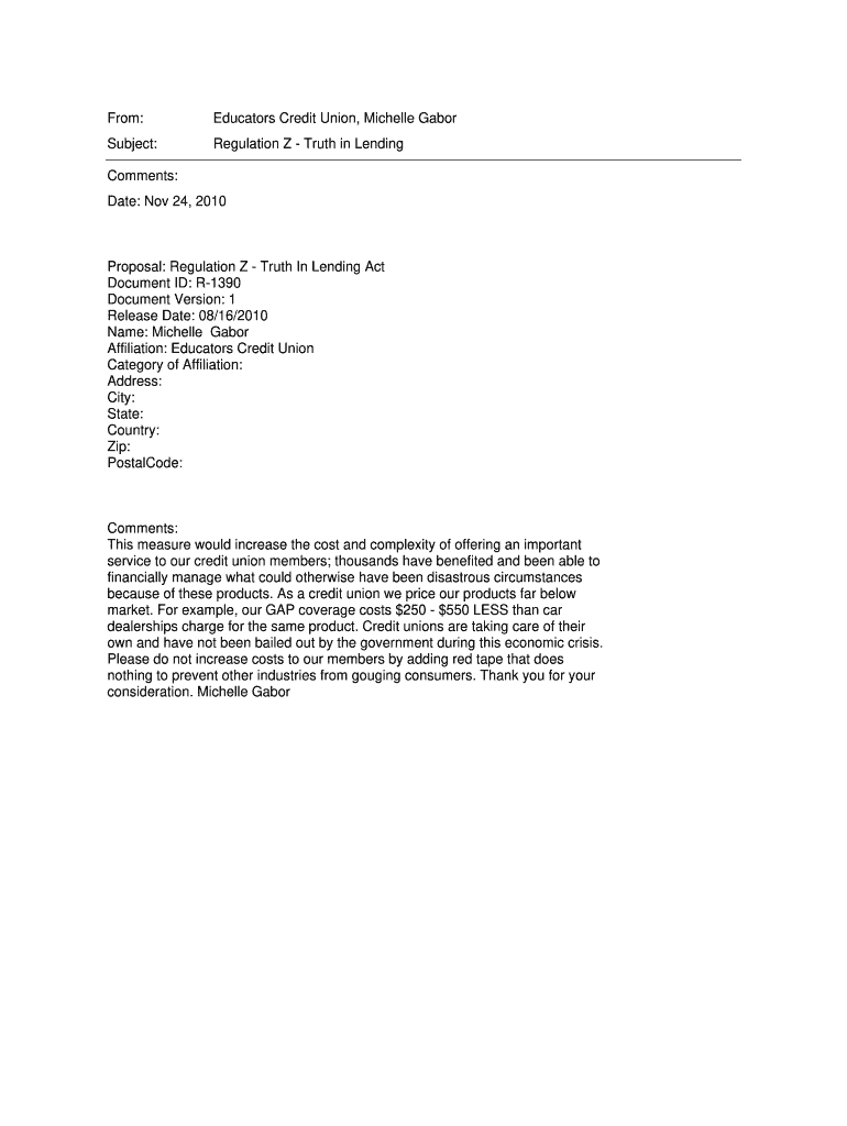 Fillable Online From: Educators Credit Union, Michelle Gabor Subject: Regulation Z ... Fax Email ...