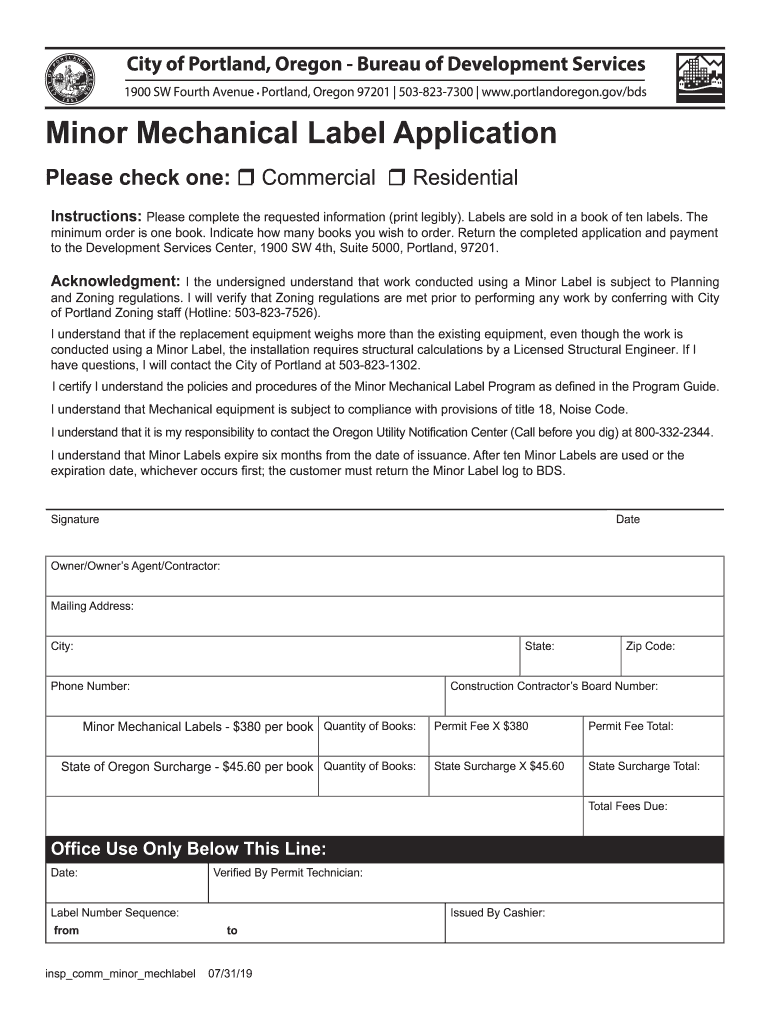 Fillable Online Minor Mechanical Label Application - City of Portland ...