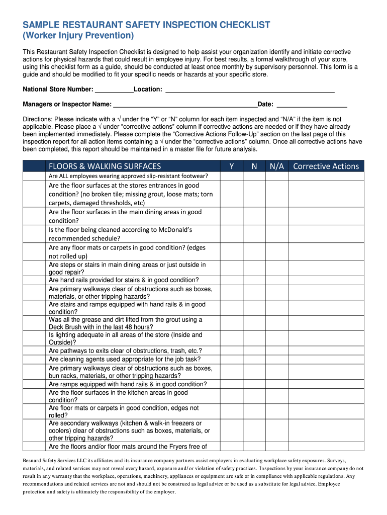 Restaurant Safety Inspection Checklist - Blank Fillable Template | Fill ...