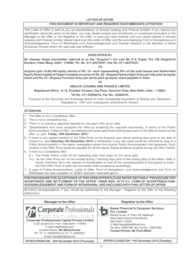 Fillable Online Letter of Offer - Amulya.p65 Fax Email Print - pdfFiller