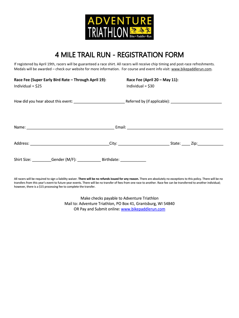 Fillable Online 4 MILE TRAIL RUN - REGISTRATION FORM Fax Email Print ...