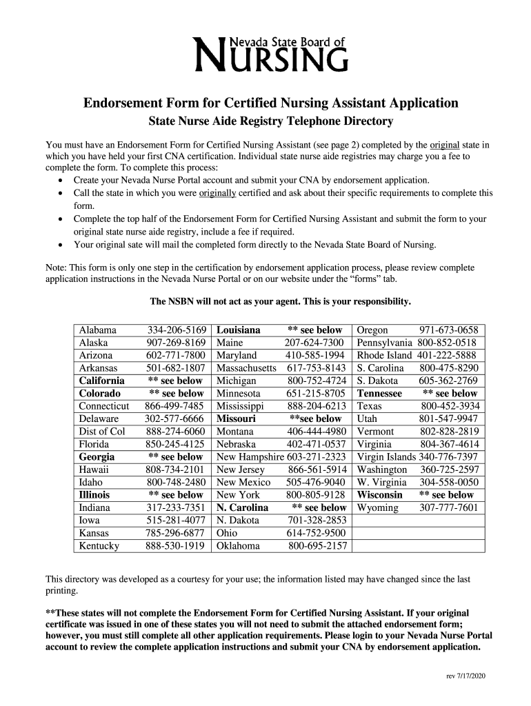Fillable Online Endorsement Form for Certified Nursing Assistant ...