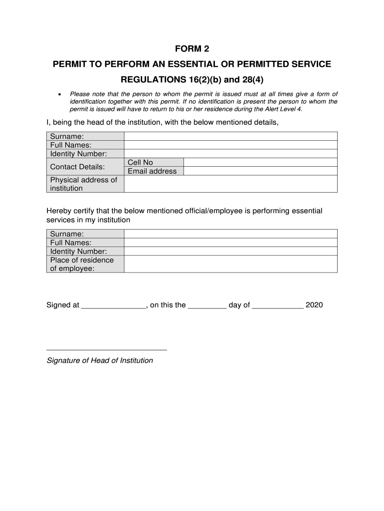 Fillable Online form 2 permit to perform essential services level 3 Fax ...