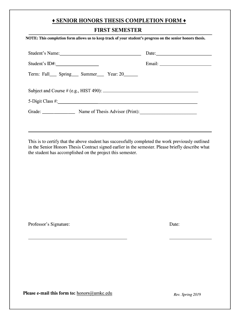 Fillable Online ?SENIOR HONORS THESIS COMPLETION FORM ? FIRST SEMESTER ...