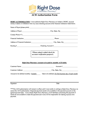 Fillable Online PDF ACH Debit Authorization Form - Right Dose Pharmacy Fax Email Print - pdfFiller