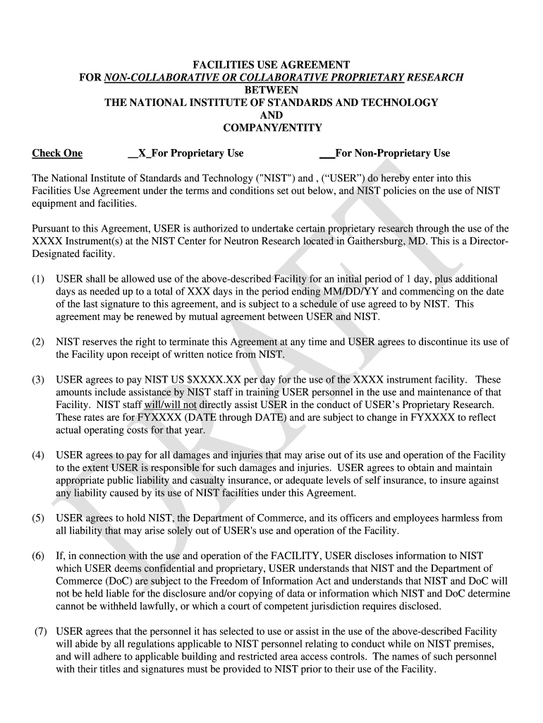 Fillable Online FACILITIES USE AGREEMENT FOR NON-COLLABORATIVE OR ...