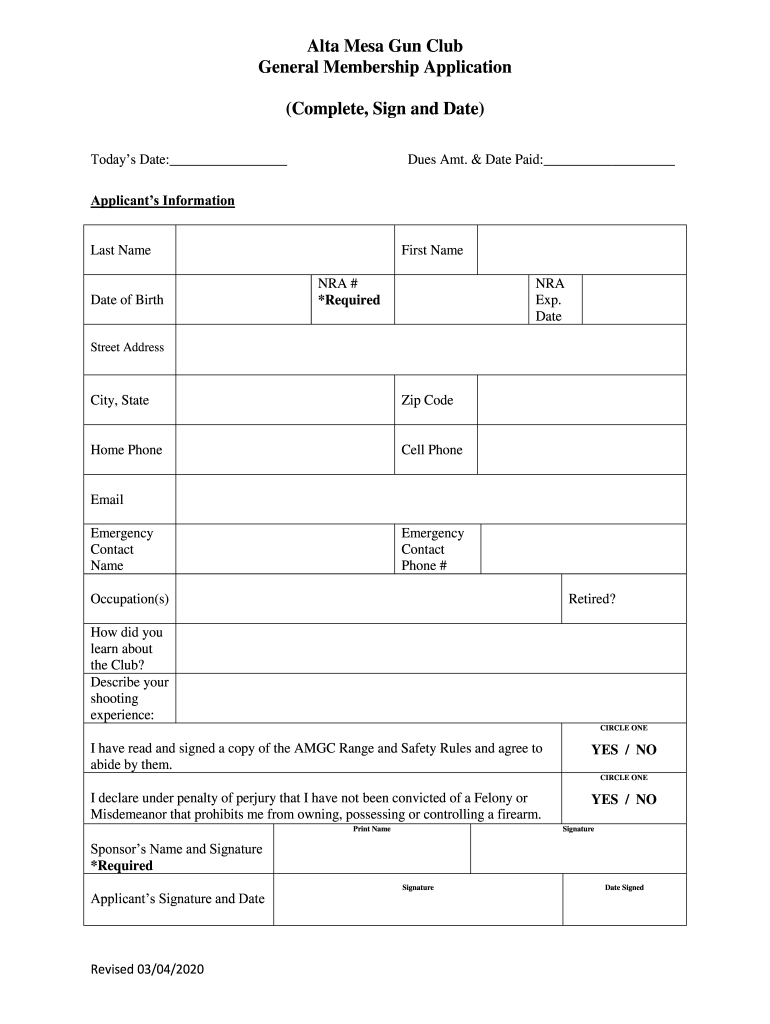 Fillable Online Alta Mesa Gun Club General Membership Application ...