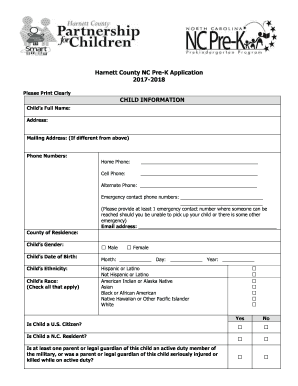 Fillable Online Harnett County NC Pre-K Application 2017-2018 CHILD ...