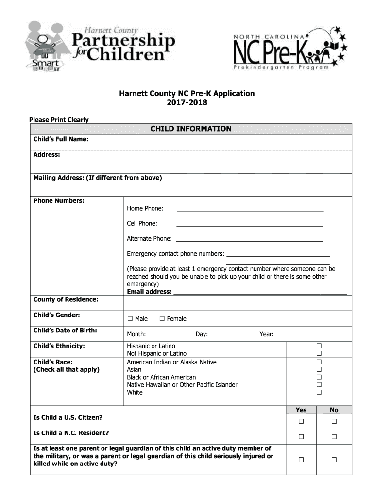 Fillable Online Harnett County NC Pre-K Application 2017-2018 CHILD ...