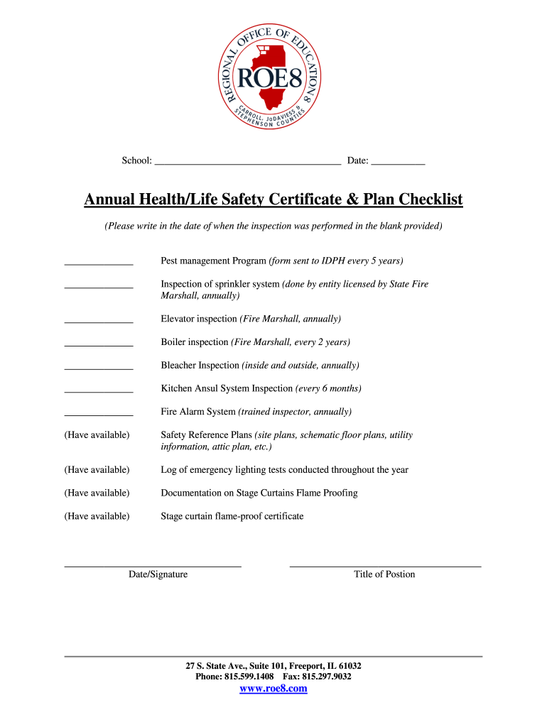 Fillable Online Annual Health/Life Safety Certificate & Plan Checklist ...