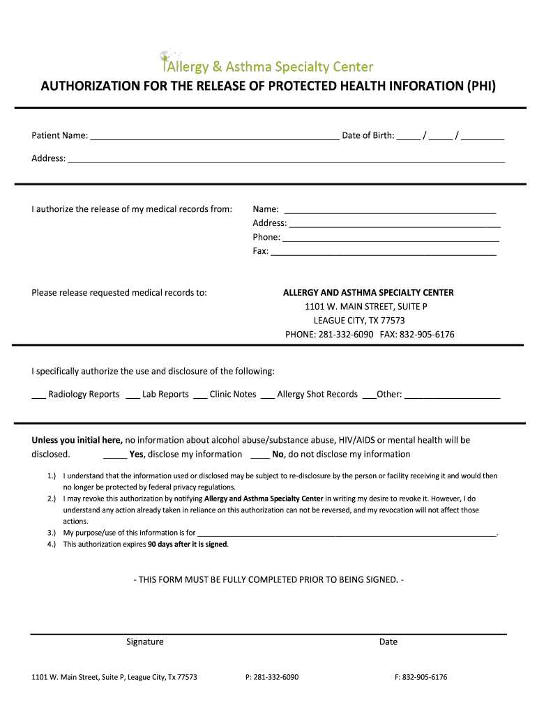 Fillable Online AUTHORIZATION FOR THE RELEASE OF PROTECTED HEALTH ...