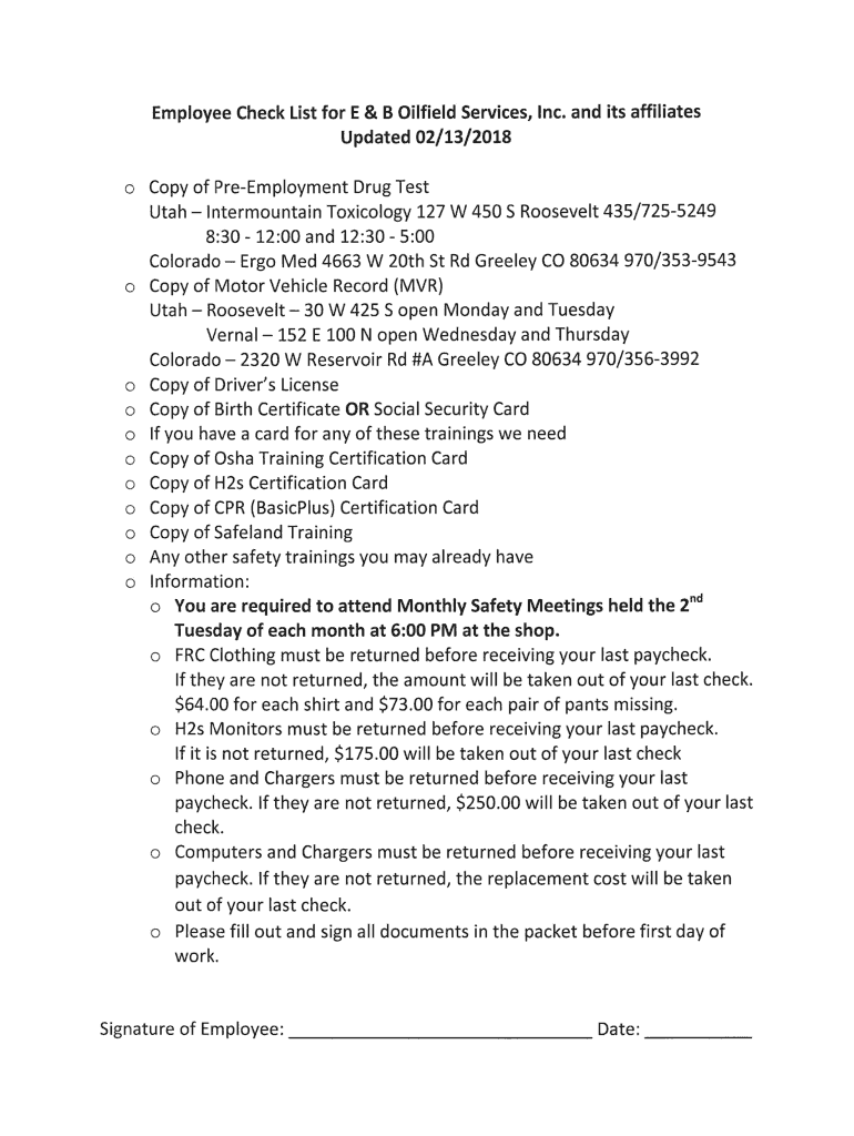 Fillable Online Employee Check List for E B Oilfield Services, Inc. and ...