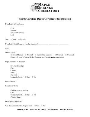 Fillable Online Maple Springs Crematory NC Death Certificate ...