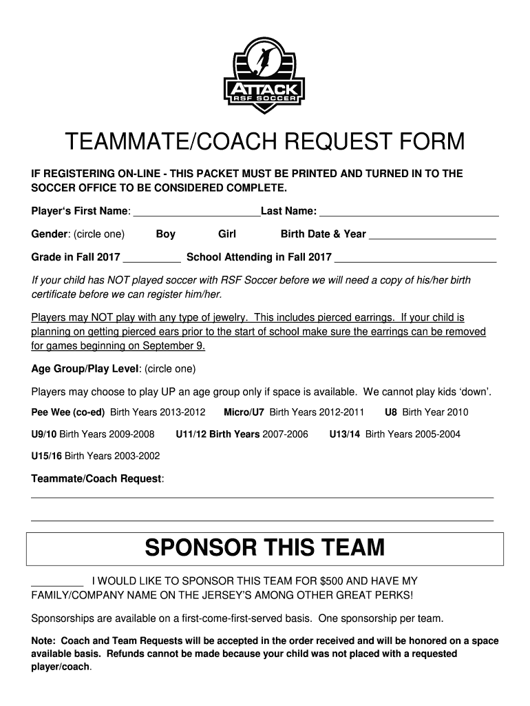 Fillable Online TEAMMATE/COACH REQUEST FORM Fax Email Print - pdfFiller