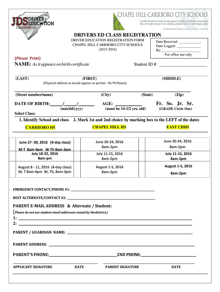 Fillable Online DRIVERS ED CLASS REGISTRATION Fax Email Print - pdfFiller