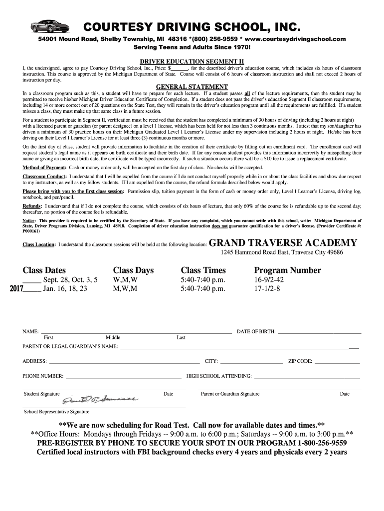 Fillable Online , for the described drivers education course, which ...