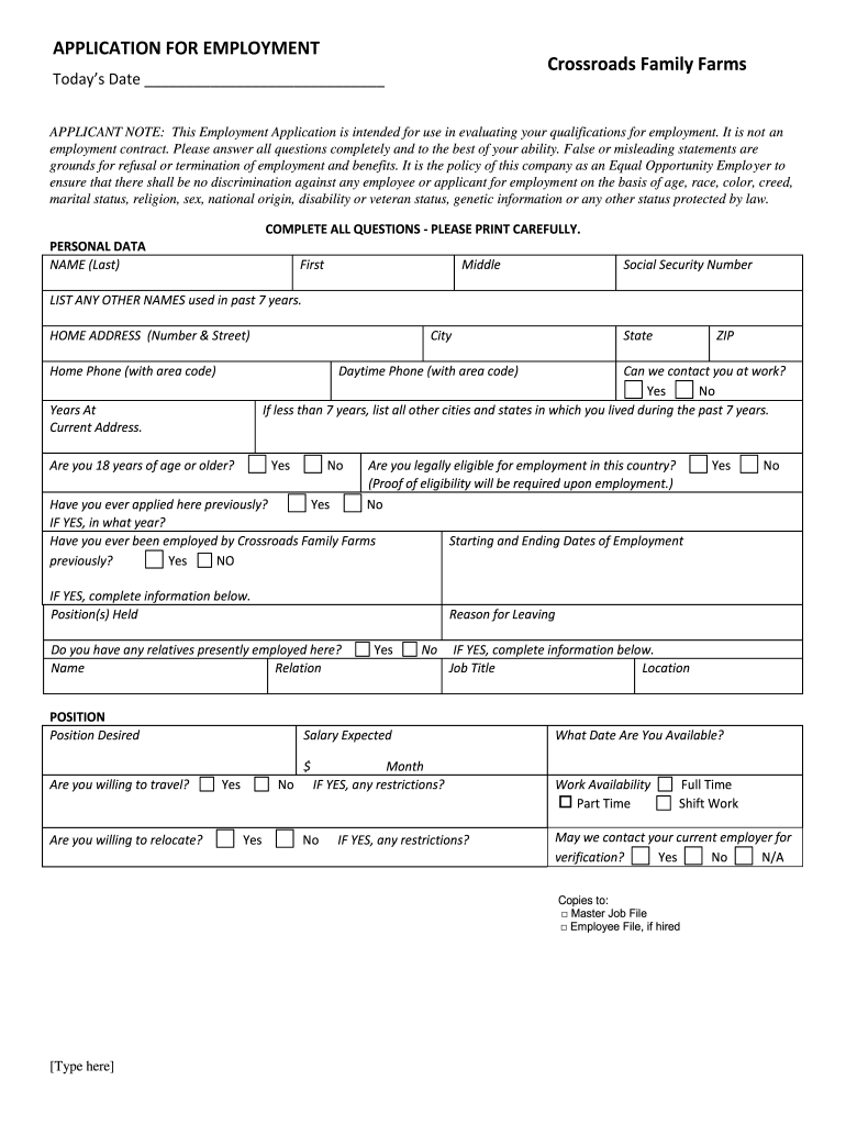 Fillable Online APPLICATION FOR EMPLOYMENT Crossroads Family Farms Fax ...