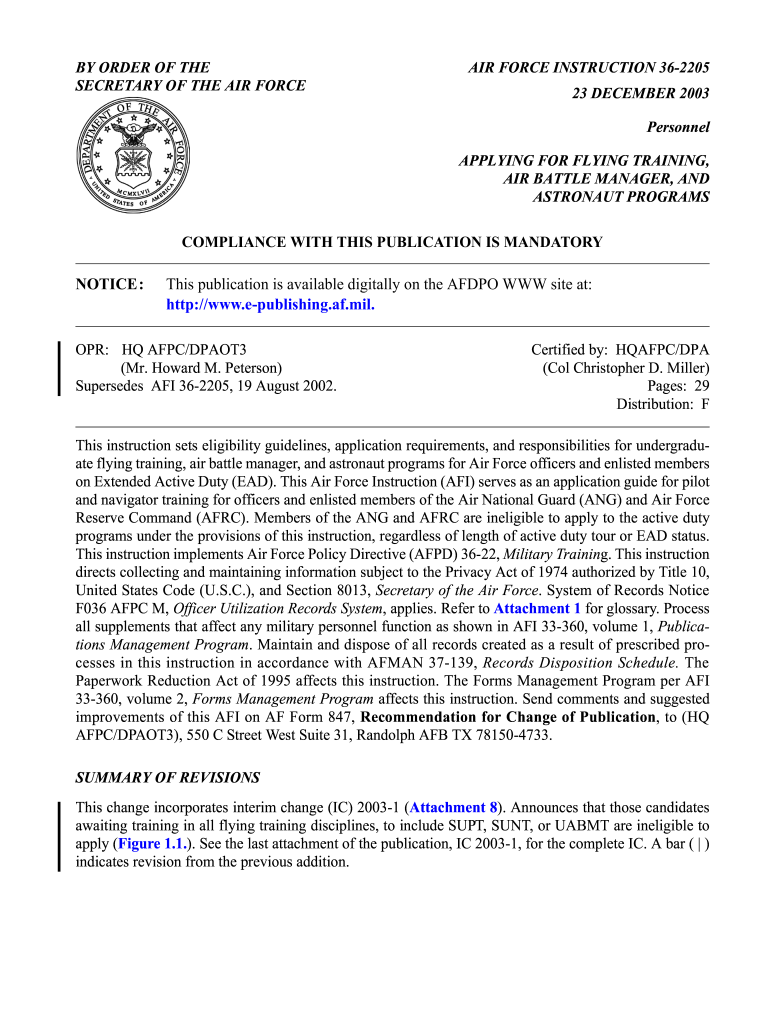 Fillable Online BY ORDER OF THE AIR FORCE INSTRUCTION 36-2205 SECRETARY ...
