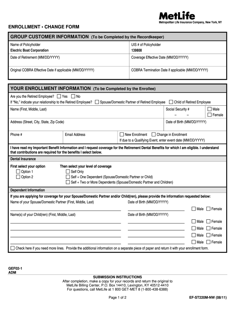 Fillable Online Fillable Online Enrollment / Change Form - Metlife Fax ...