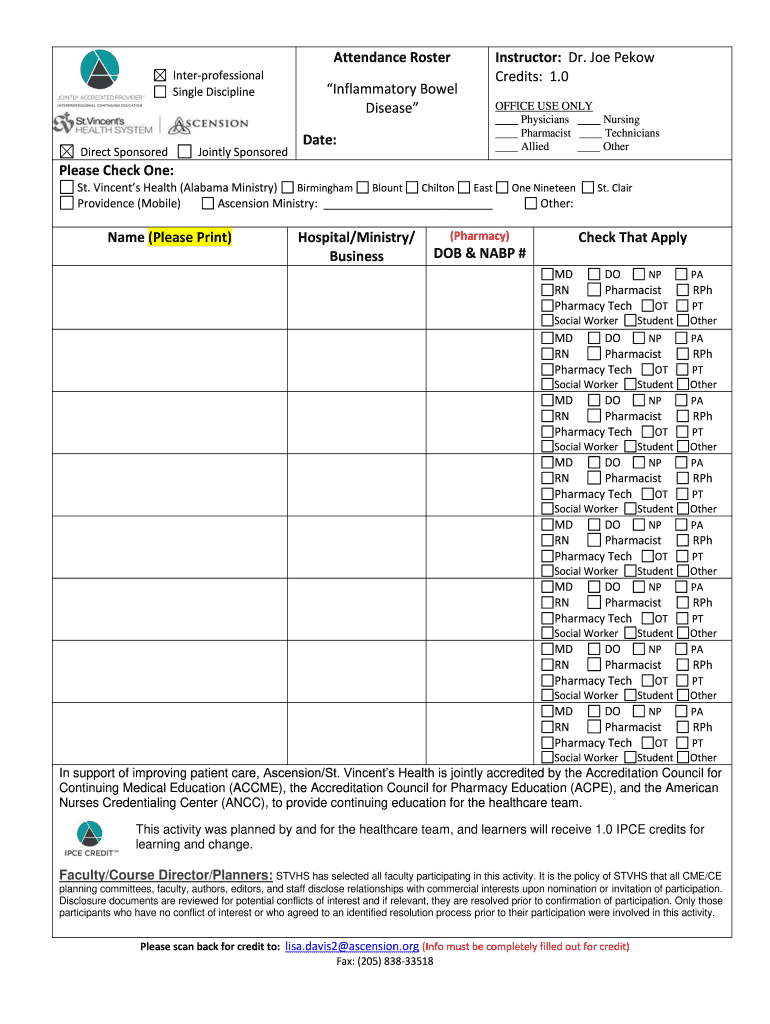 Fillable Online Attendance Roster Instructor: Dr. Joe Pekow Credits: 1. ...