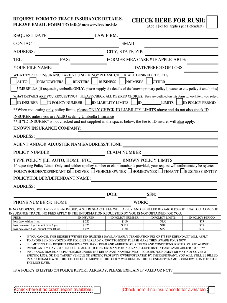 Fillable Online REQUEST FORM TO TRACE INSURANCE DETAILS CHECK Fax Email ...