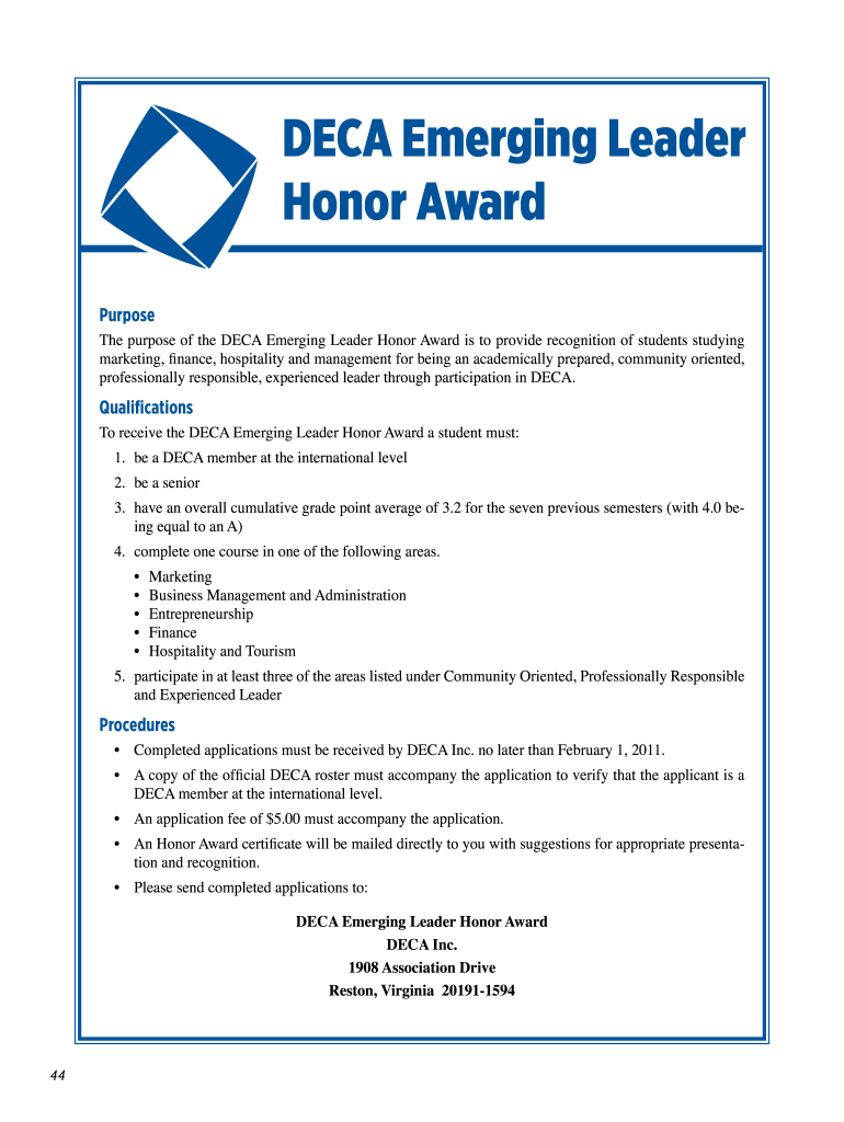 Fillable Online DECA Emerging Leader Honor Award Fax Email Print ...
