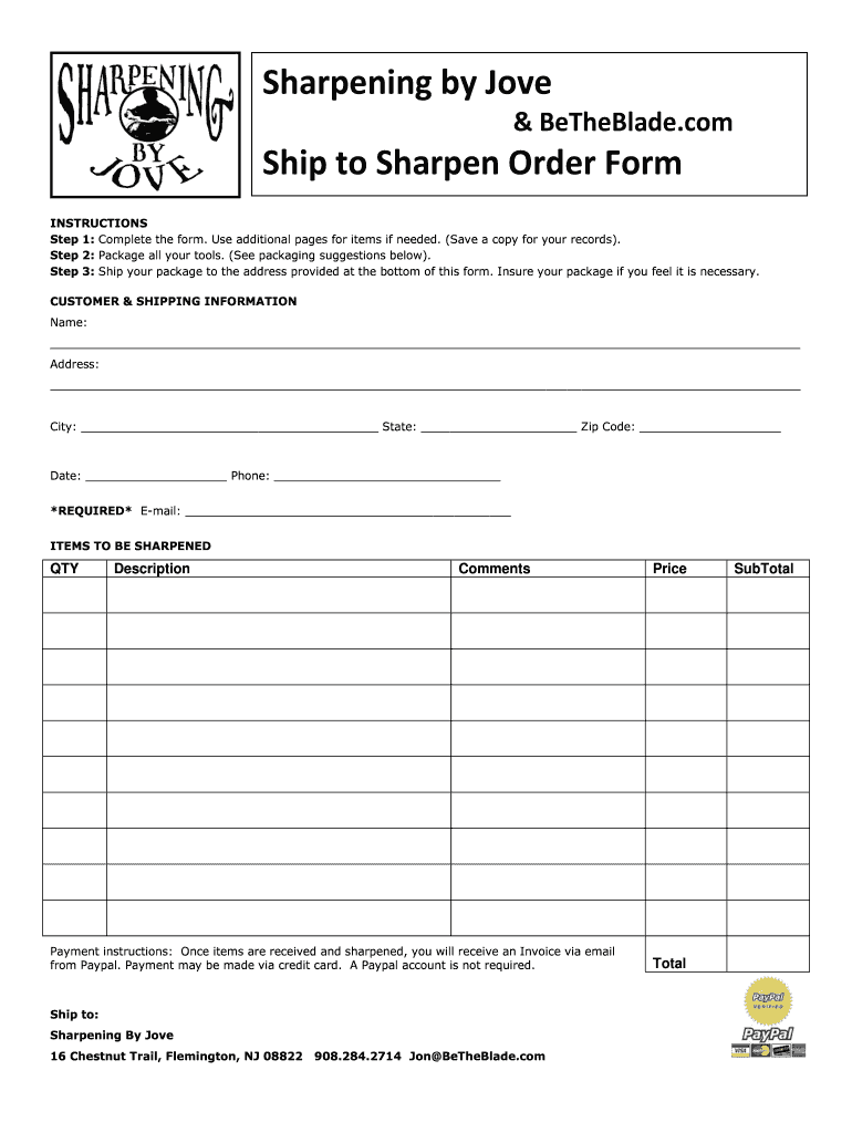 Fillable Online Sharpening by Jove Ship to Sharpen Order Form Fax Email ...