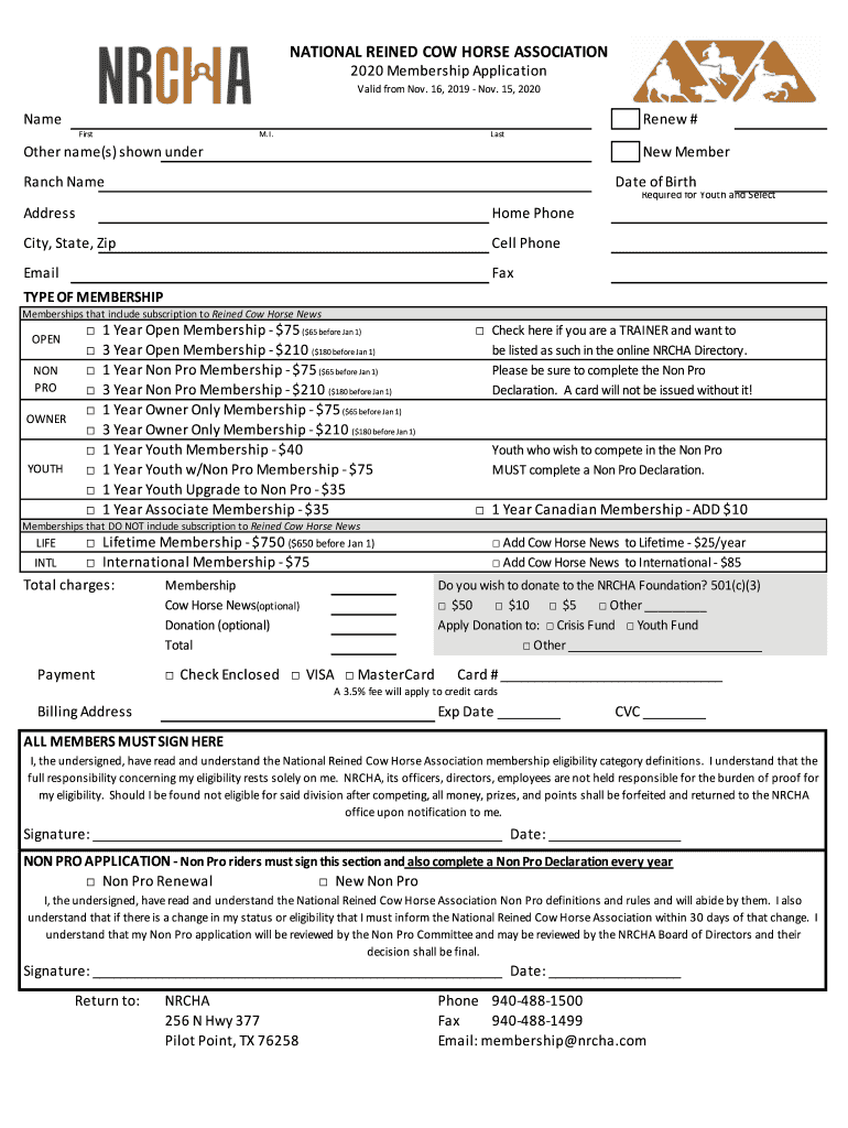 Fillable Online 2020 NRCHA Membership Form.xlsx Fax Email Print - pdfFiller