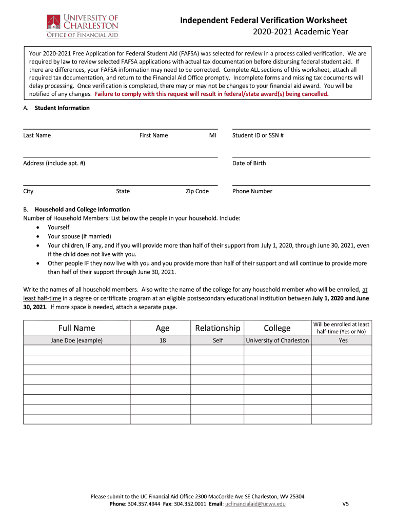 Fillable Online Independent Federal Verification Worksheet 2020-2021 ... Fax Email Print - pdfFiller