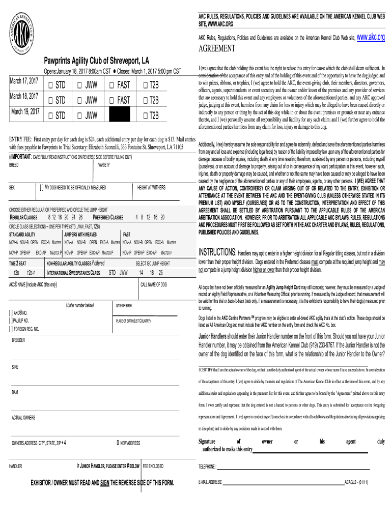 Fillable Online official american kennel club agility entry form ...
