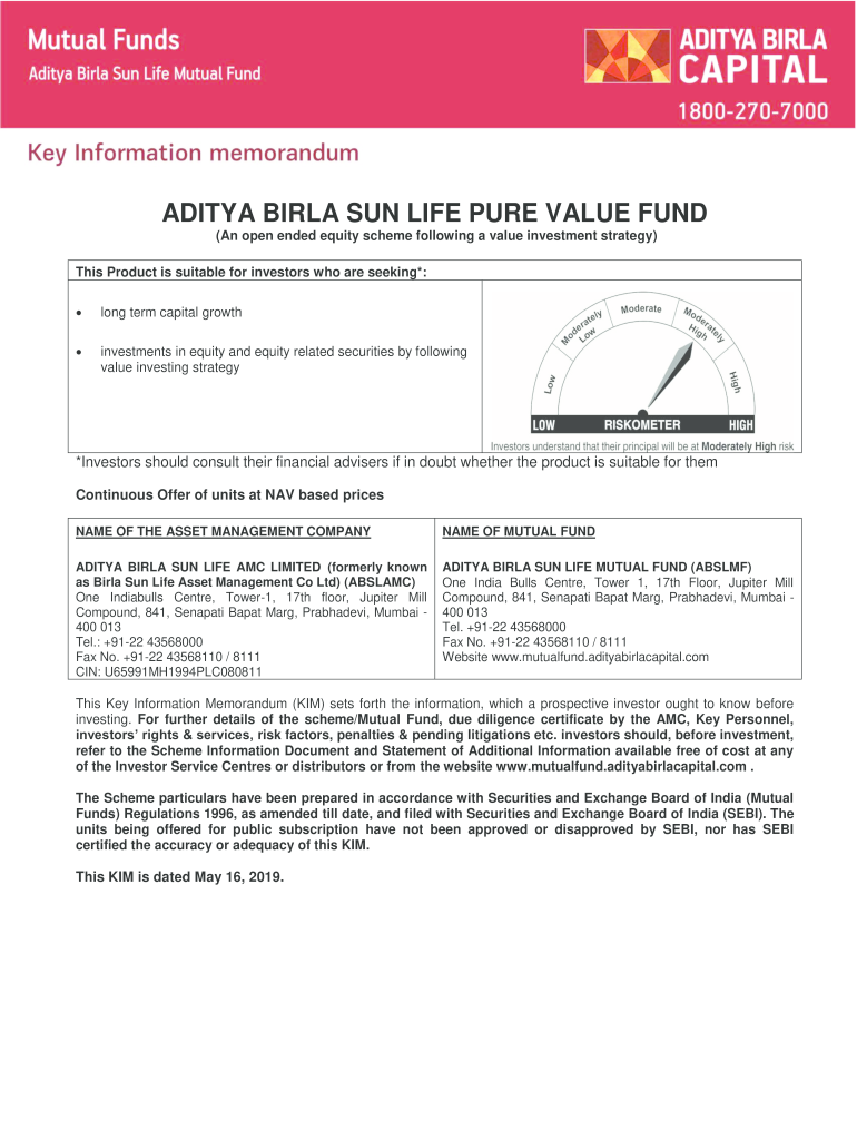 Fillable Online ADITYA BIRLA SUN LIFE PURE VALUE FUND Fax Email Print - pdfFiller