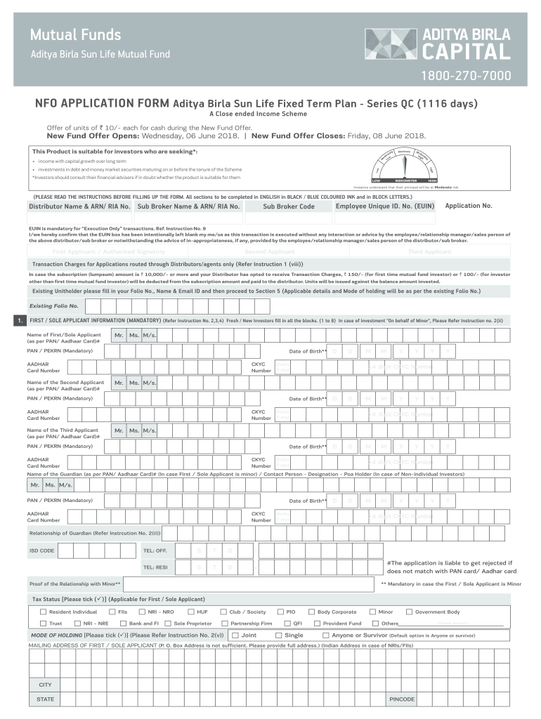 Fillable Online NFO APPLICATION FORM Aditya Birla Sun Life Fixed Term Plan - Series QC (1116 ...