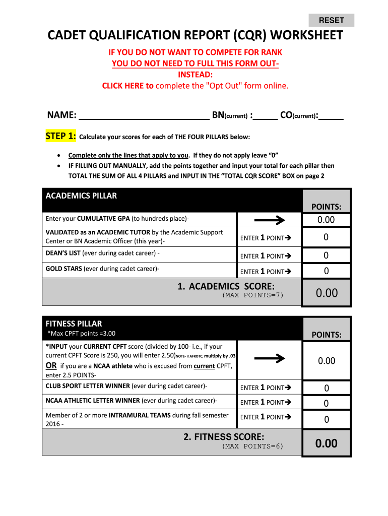 Fillable Online CADET QUALIFICATION REPORT (CQR) WORKSHEET Fax Email ...