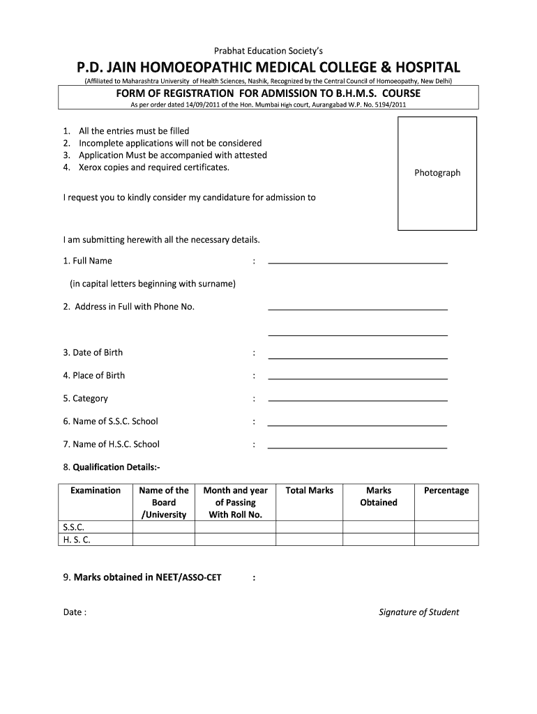 B H M S REGISTRATION FORM Fill And Sign Printable Template Online