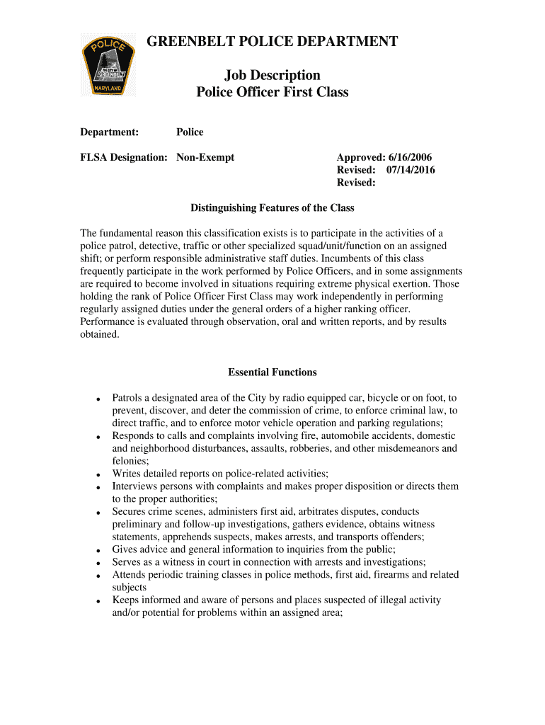 Fillable Online GREENBELT POLICE DEPARTMENT Job Description Police ...
