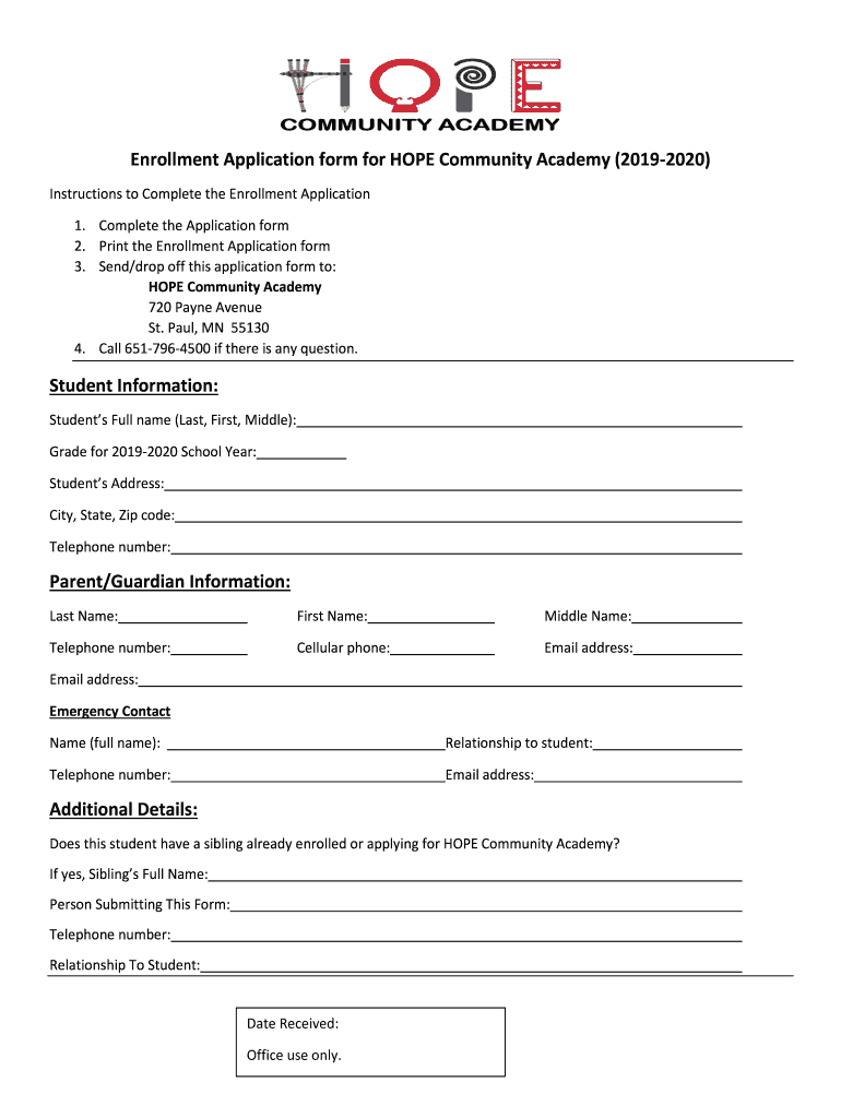 Fillable Online Enrollment Application form for HOPE Community Academy ...